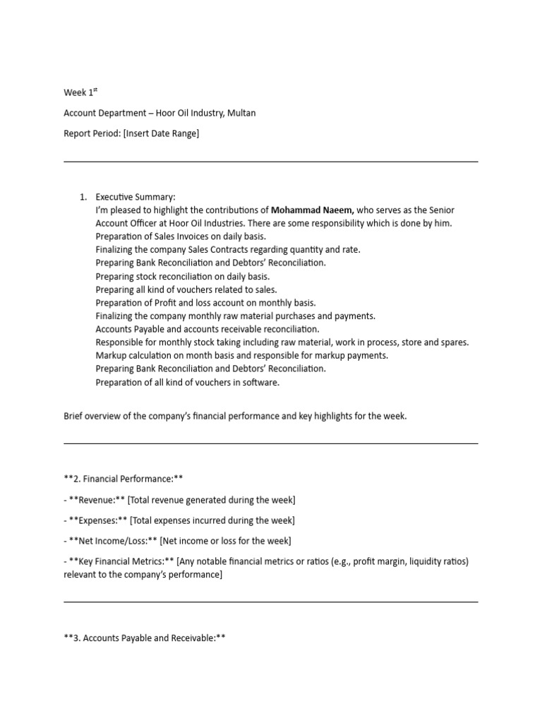 Hoor Oil Industry Multan Format For Weekly Report | PDF | Accounts ...