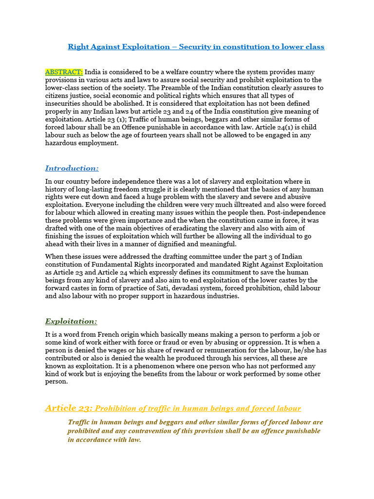 Right Against Exploitation in India | PDF | Human Trafficking | Sexual ...