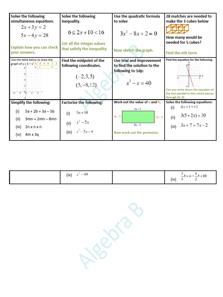 Algebra Grade B Revision Mat | PDF