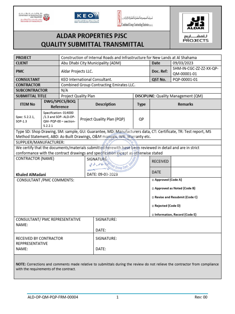 SHM in CGC ZZ ZZ XX QP QM 00001 p01 Project Quality Plan (PQP) | PDF | Audit | Business