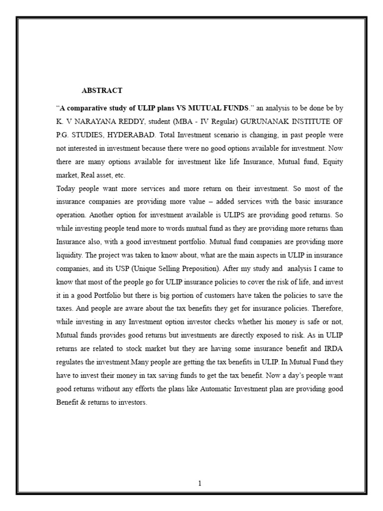 Analysis Of Up Vs MF PDF Investment Fund Insurance