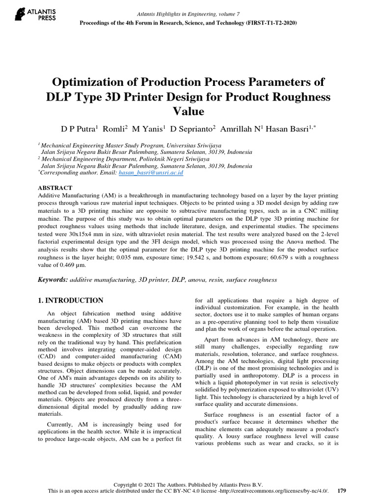 Optimization of Production Process Parameters of DLP Type 3D Printer ...