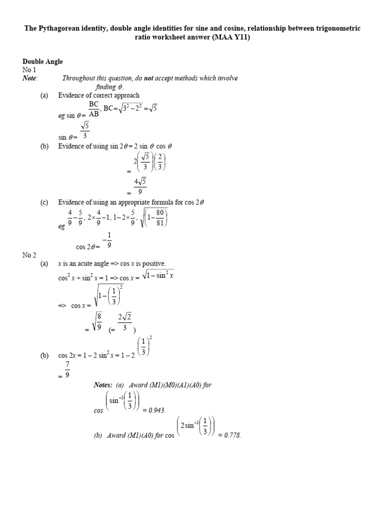 Worksheet 4 The Pythagorean Identity Double Angle and Relationship in ...