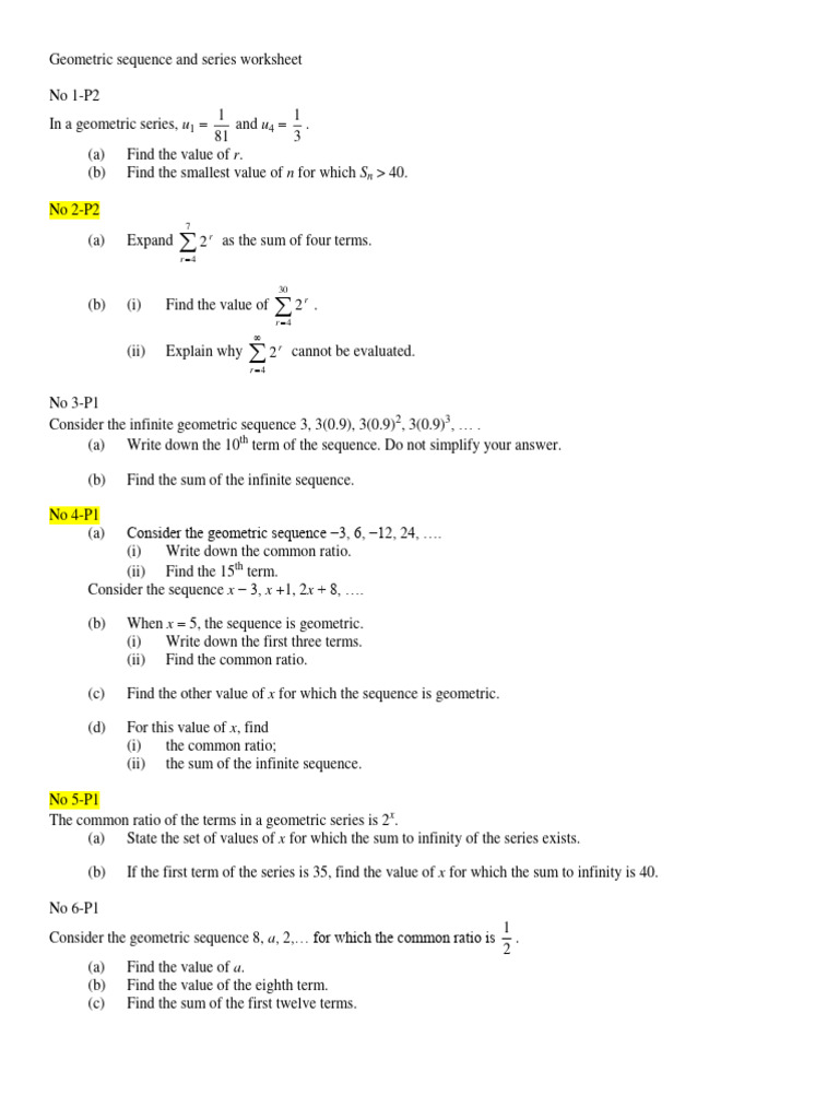 Worksheet 2. Geometric Sequence and Series | PDF | Mathematical ...