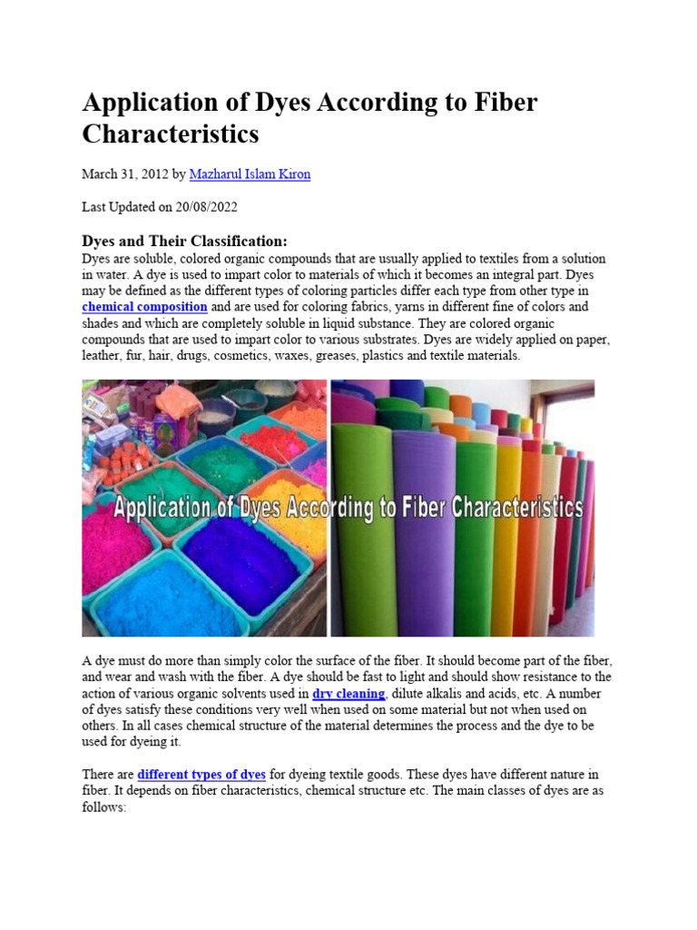 Application of Dyes According To Fiber Characteristics | PDF | Dye | Dyeing