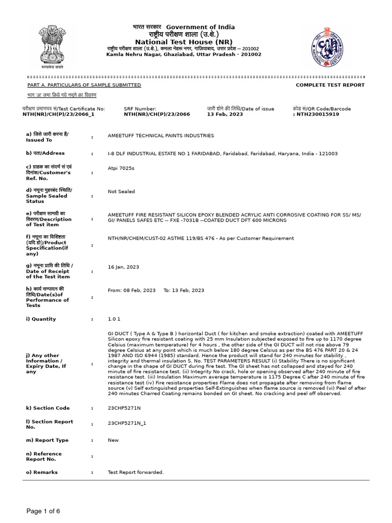 Fire Resistance Test Report for Coating | PDF | Fires | Duct (Flow)