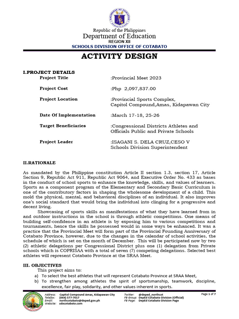 Activity Design For Provincial Meet | PDF