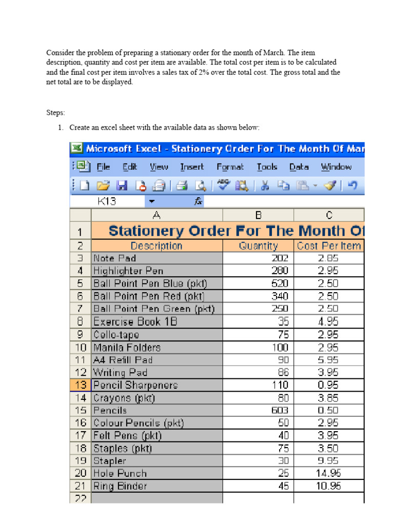 Excel Practice Sheet - Total Cost and Vat | PDF