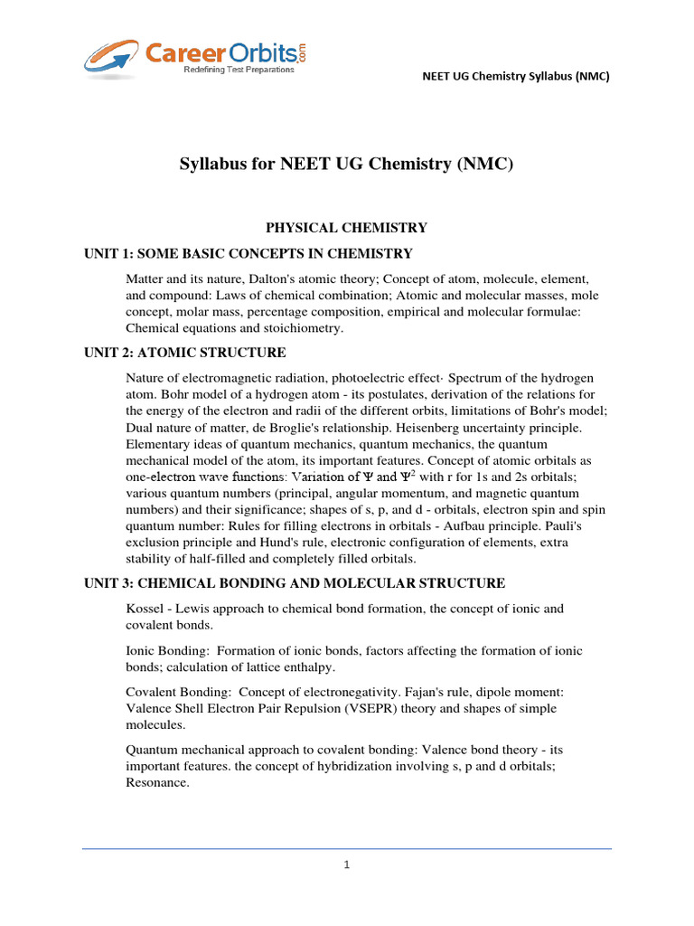 NEET 2024 Chemistry Syllabus Overview | PDF | Chemical Bond | Chemical ...