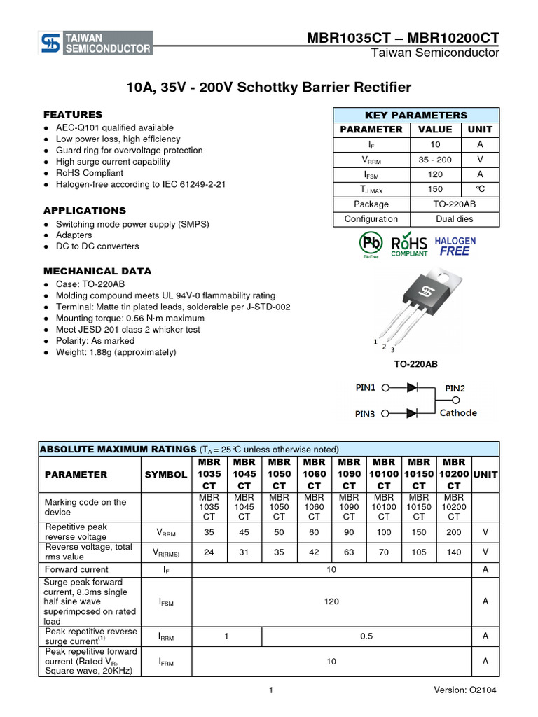 MBR10150CT Taiwan Semiconductor Datasheet | Download Free PDF | Diode | Manufactured Goods