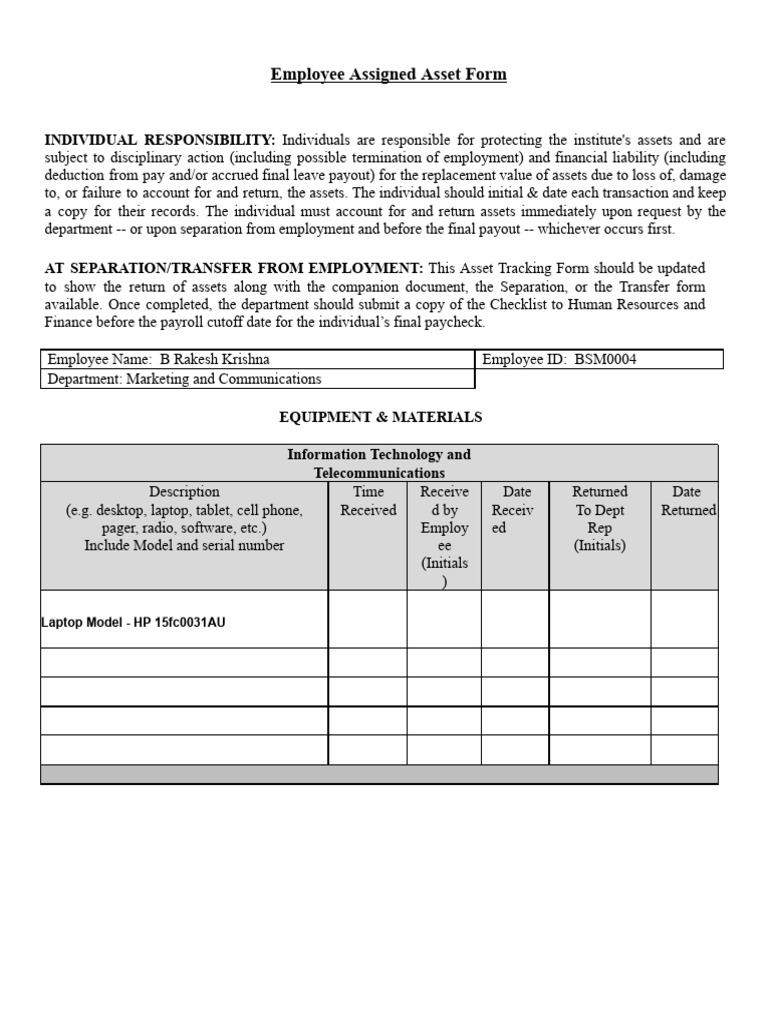 Employee Asset Responsibility Agreement | PDF | Laptop | Payroll