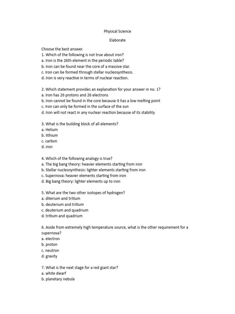 Physical Science Quiz on Elements | PDF | Stars | Chemical Elements