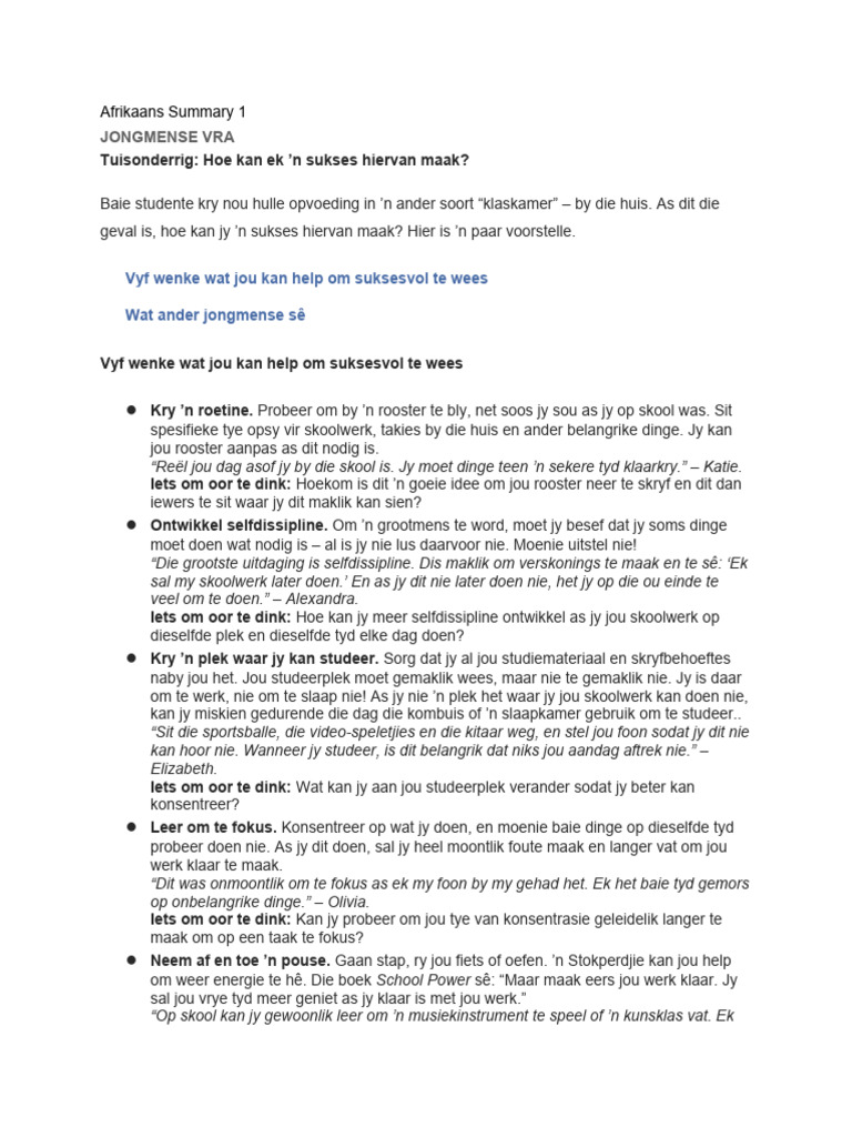 Afrikaans Summary 1 | PDF