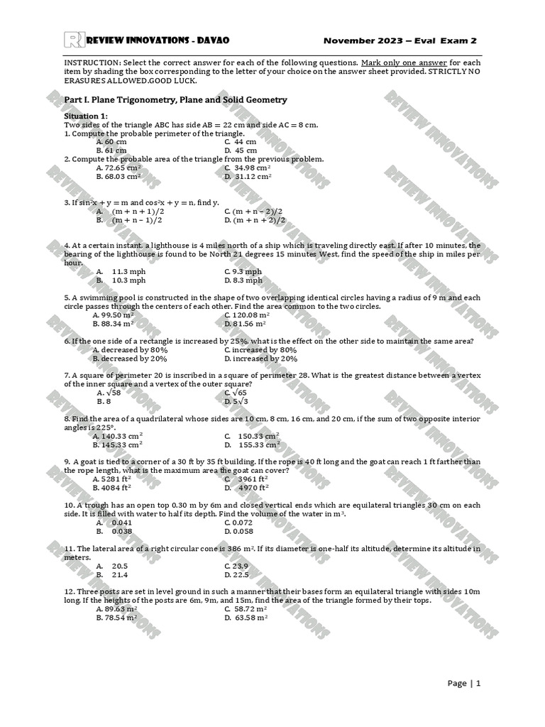Evaluation Exam 2 Nov2023 Davao | PDF | Area | Triangle