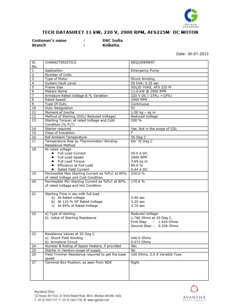 Datasheer-11kw-220v-2900rpm-Afs225m-Dc Shunt Motor-Dvc | PDF | Electric ...