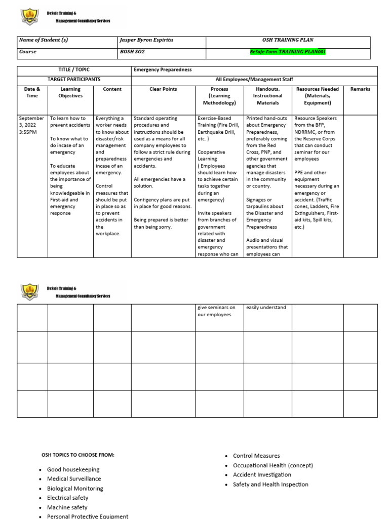TRAINING PLAN BOSH | PDF | Emergency Management | Emergency