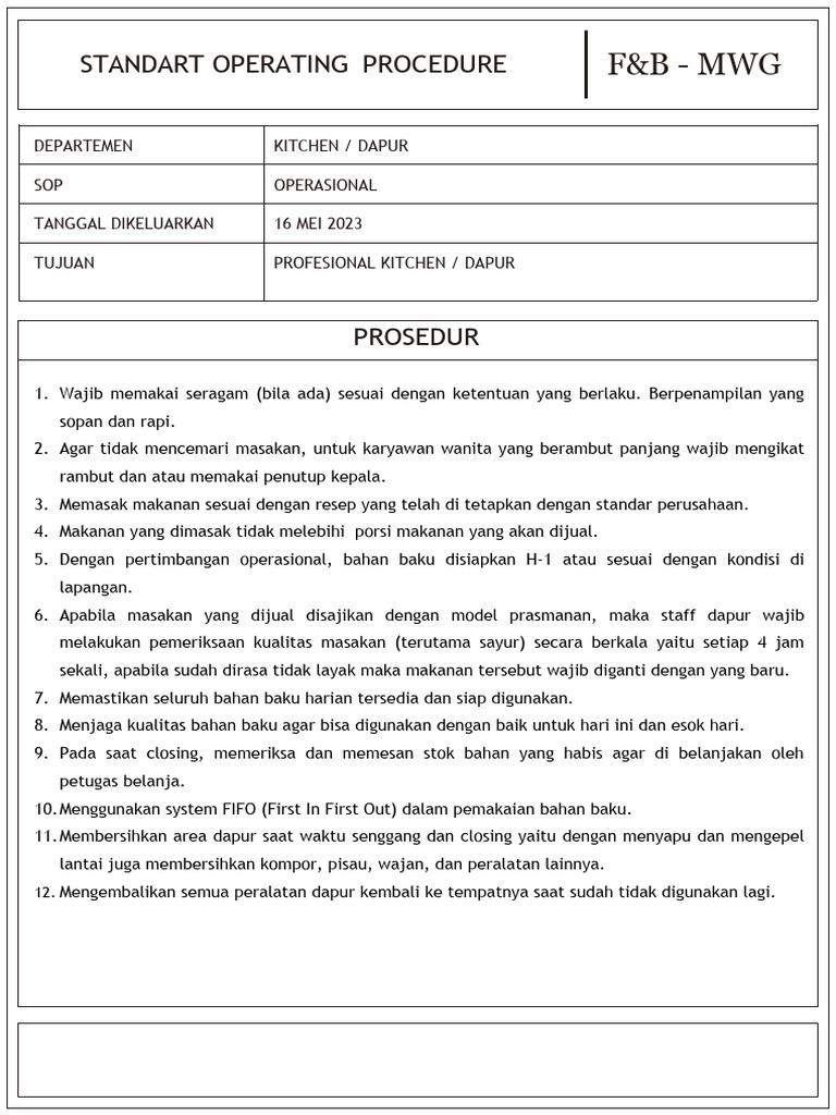 Form Sop Kitchen | PDF | Teknologi & Rekayasa