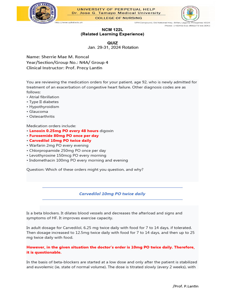 Roncal - N4a - Group 4 - Quiz | PDF | Heart Failure | Heart