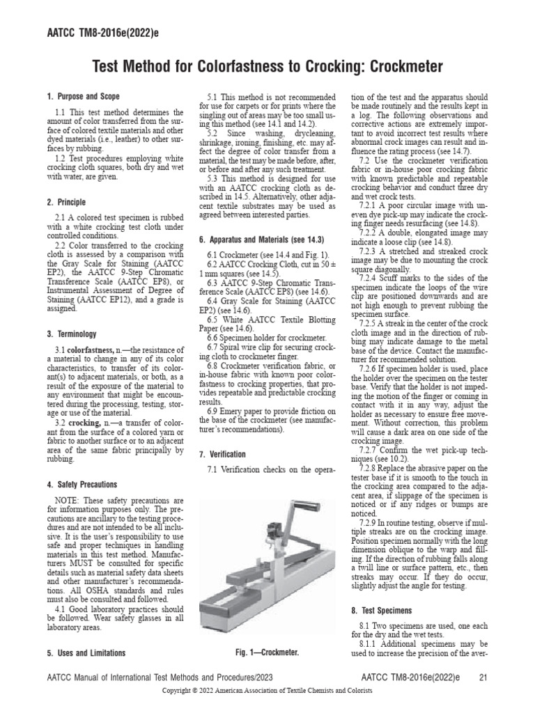 Test Method For Colorfastness To Crocking: Crockmeter: AATCC TM8-2016e ...