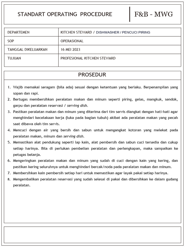 Form Sop Kitchen Steward | PDF | Teknologi & Rekayasa