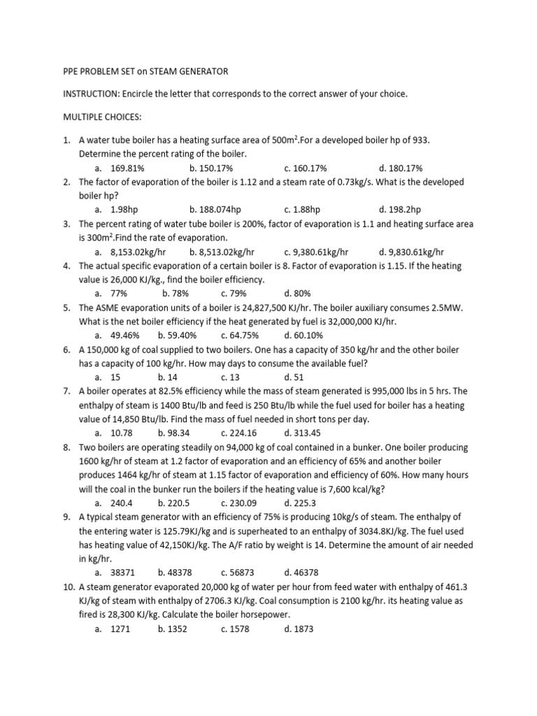 PPE PROBLEM SET On STEAM GENERATOR Edited | Download Free PDF | Boiler | Steam