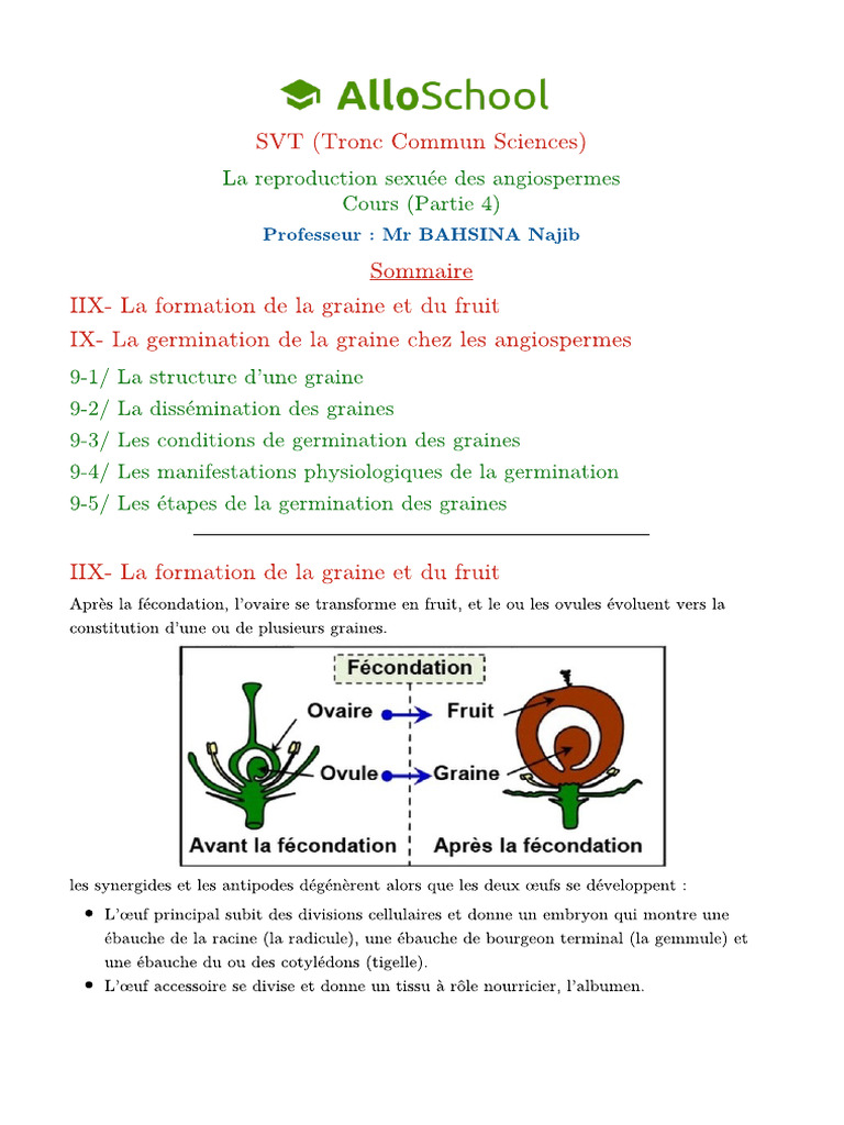 Cours 6 4 La Reproduction Sexuee Des Angiospermes Partie 4 1 | PDF