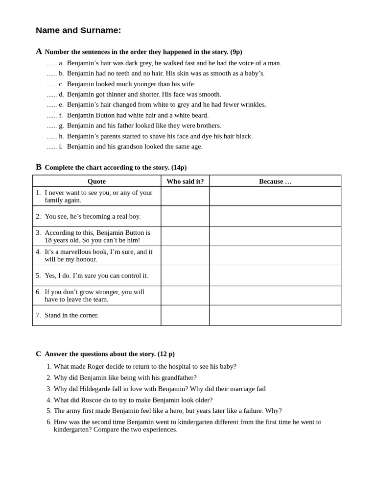 Benjamin Button Reading Test | PDF | Language Arts & Discipline