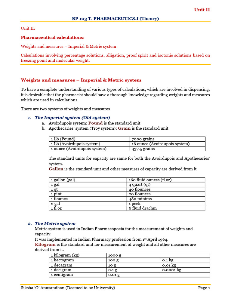 Unit 2- Pharmaceutical Calculations | PDF | Ounce | Pound (Mass)