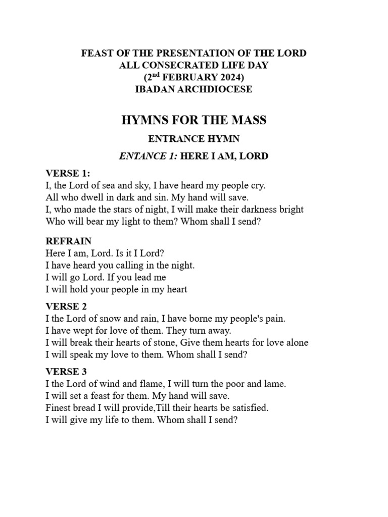 Hymns For The Mass of Presentation of The Lord, All Consecrated Life ...