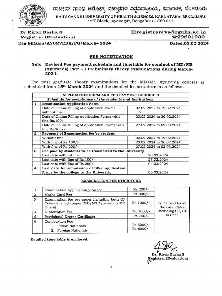 Fee Notification and Time TableMD Ayurveda | PDF
