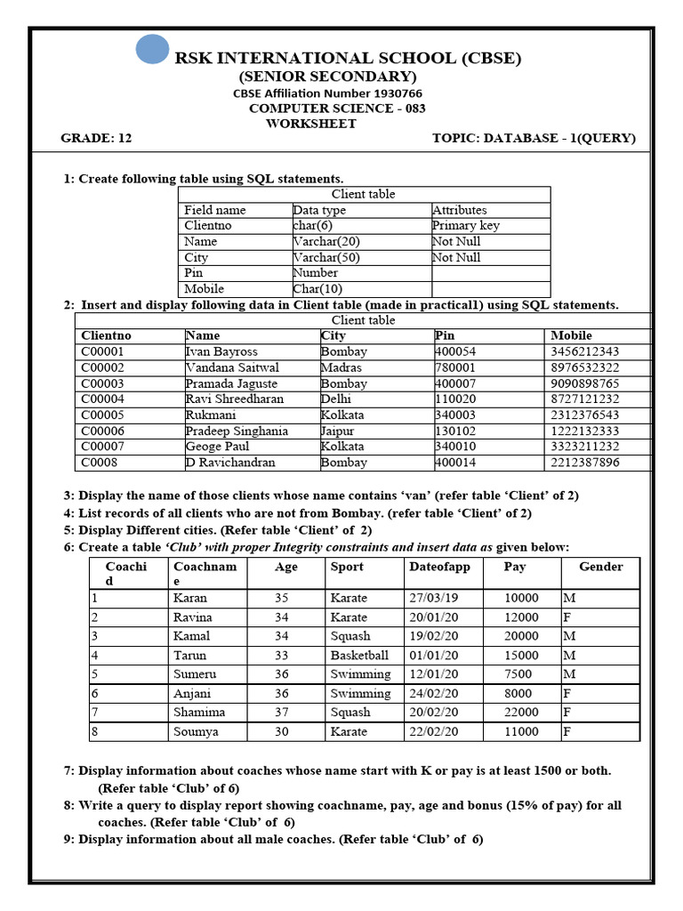 Database Worksheet - 1 Query | PDF | Information Technology | Information Science