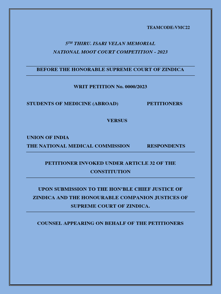 Petitioner Memorial Final | Download Free PDF | Supreme Court Of India | Justice