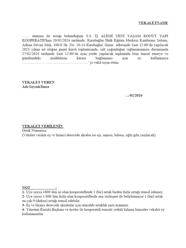 Kooperatif Vekaletname Örneği | PDF