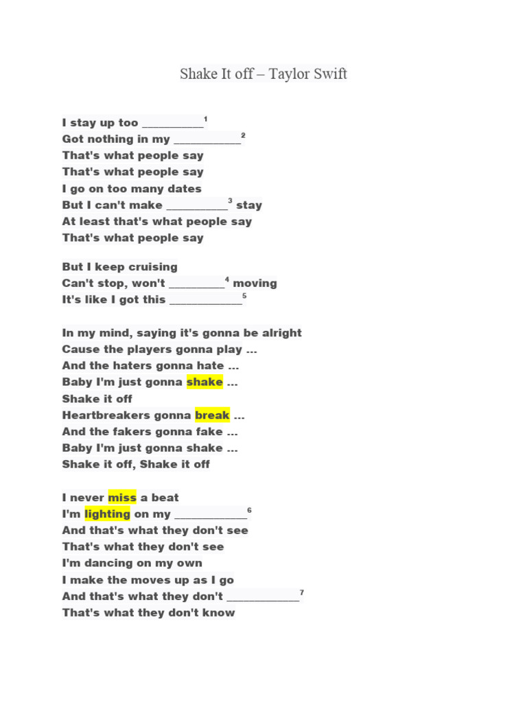 Shake It Off Taylor Swift Activities With Music Songs Nursery Rhymes ...