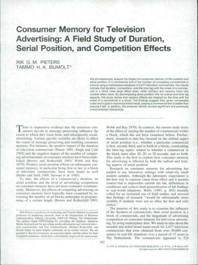 12页Consumer memory for television advertising | PDF | Recall (Memory) | Cognitive Psychology