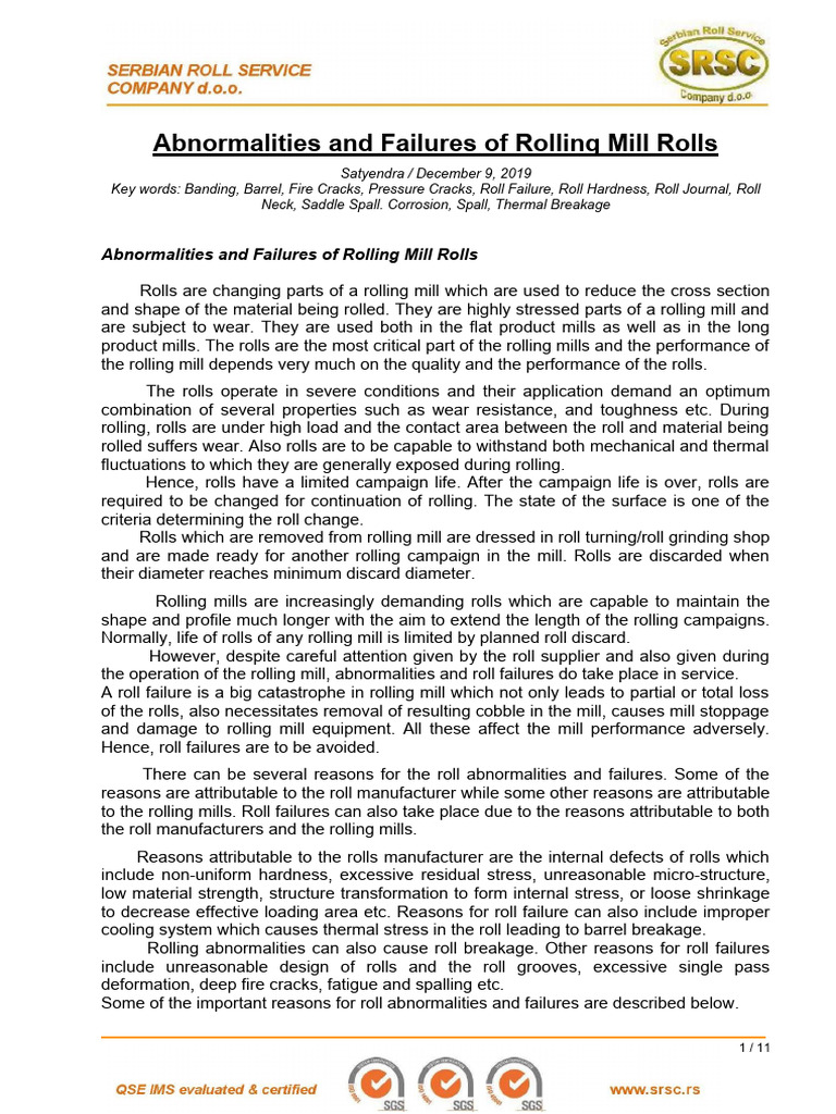 Rolling Mill Roll Failures and Causes | PDF | Fracture | Fatigue (Material)