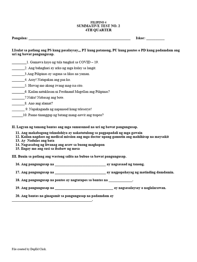 Filipino 2 Summative Test | PDF