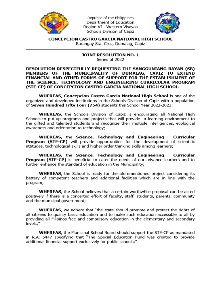 CCGNHS Ste Stem SB Resolution 2023 | PDF | Science, Technology ...