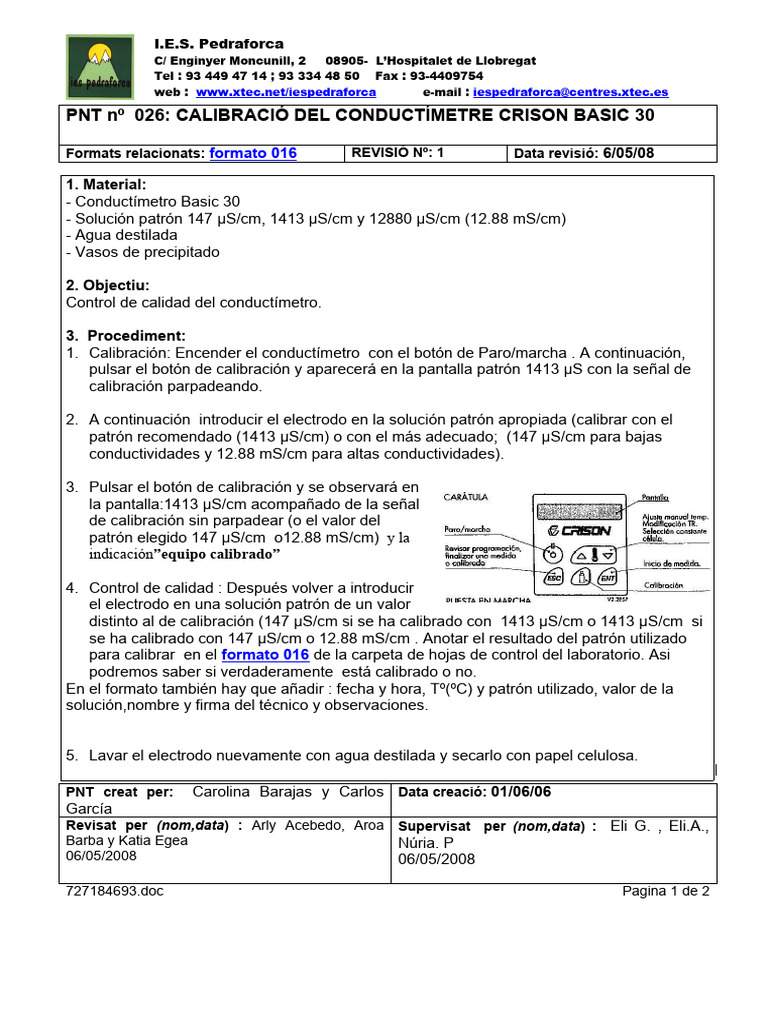 Pnt-026-Calibracio Del Conductimetre Crison Basic 30 | PDF | Ciencia y ...