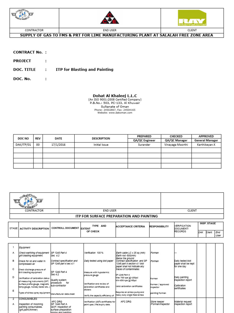 ITP for Blasting and Painting Process | PDF | Verification And ...