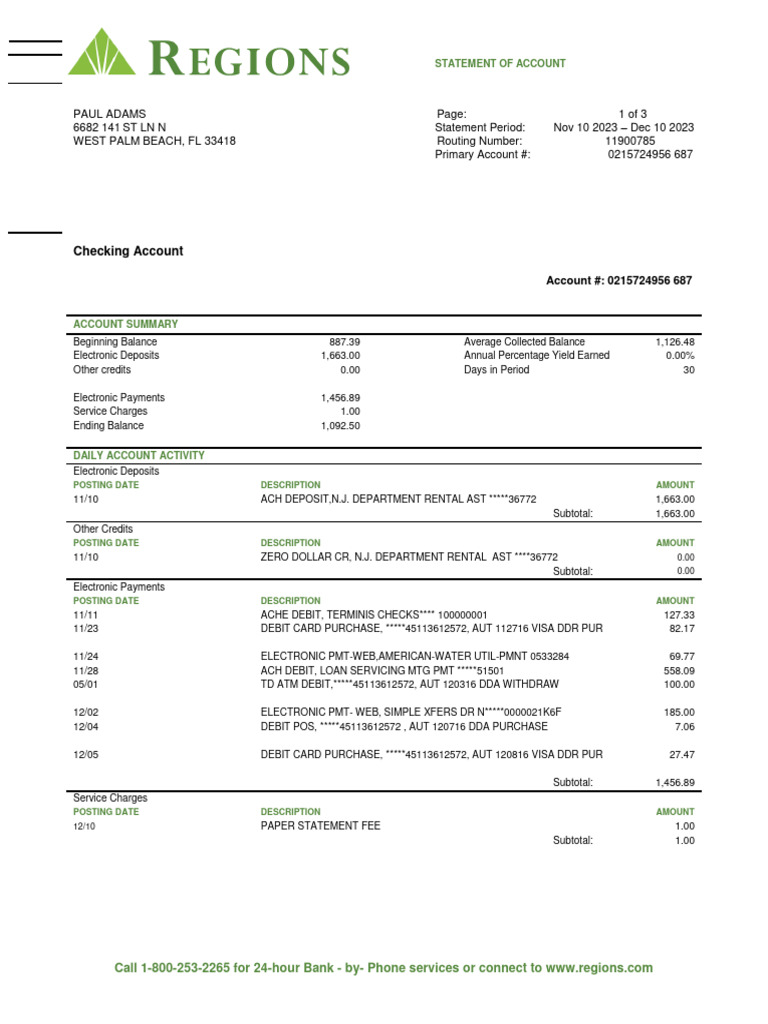 Regions Bank Account Statement Summary | PDF | Debit Card | Credit Card