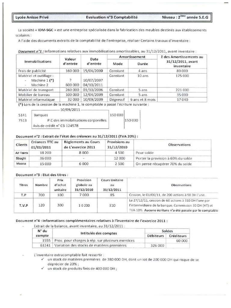 Devoir 3 Modele 7 Comptabilite 2 Bac Eco Semestre 1 | PDF