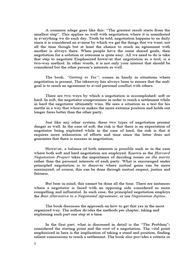 GETTING TO YES - Book Summary | PDF | Negotiation | Perception