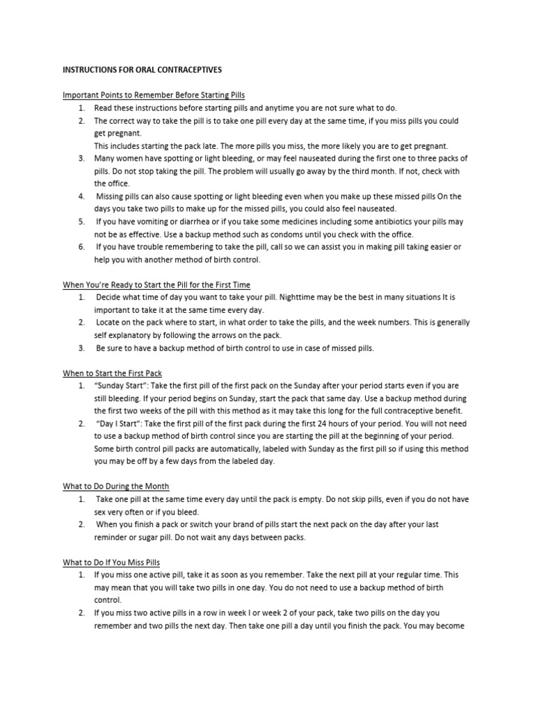 Instructions For Oral Contraceptives | PDF | Combined Oral ...