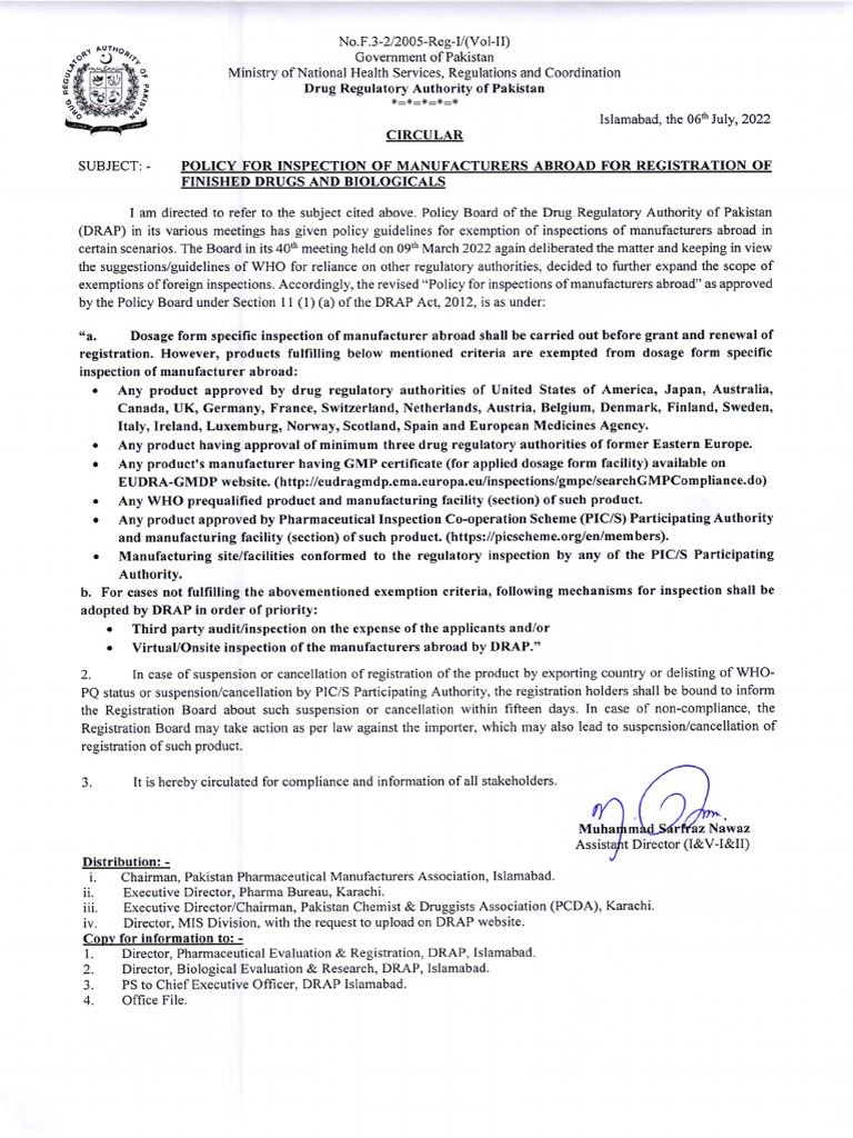Pakistan Drug Inspection Policy Update | PDF | Health Care | Government