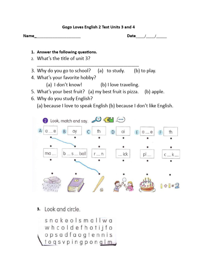 Gogo Loves English 2 Test Units 3-4 | PDF | Sports & Recreation ...