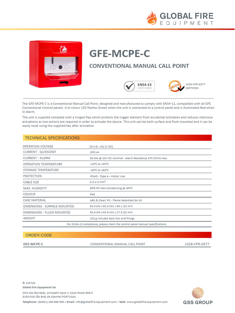 GFE-MCPE-C Manual Call Point Specs | PDF