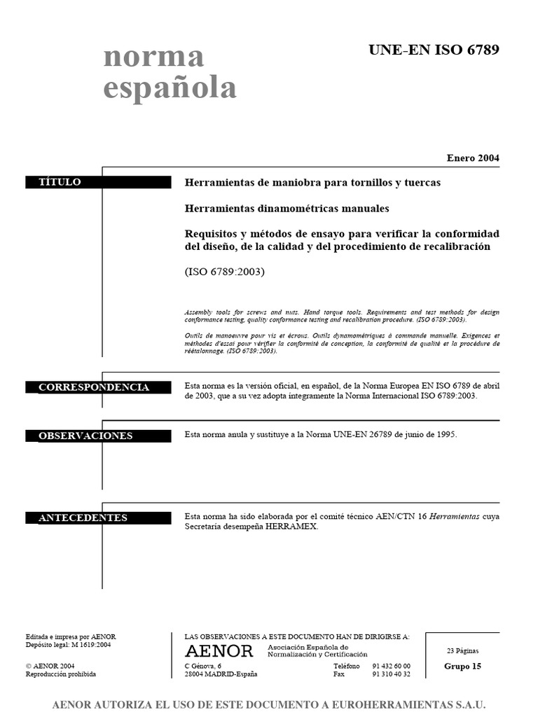 Norma Española: UNE-EN ISO 6789 | PDF | Calibración | Medición
