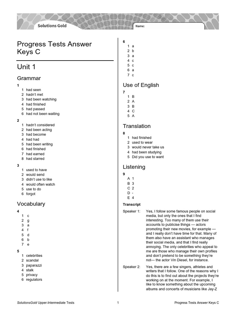U1 Progress Tests C Answer Key | PDF