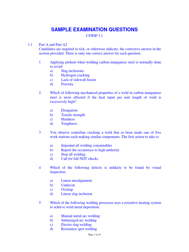 Sample Practice Questions For CSWIP Examinations | PDF | Welding ...